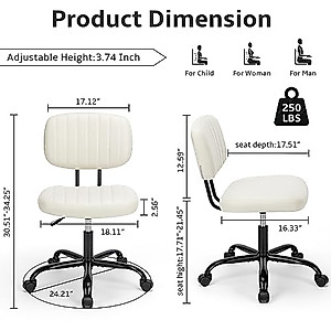 OLIXIS Armless Home Office Desk Low Back Computer Task Wheels and Lumbar Support, Height Adjustable Cute Vanity Chair No Arms for Bedroom,Study Small Space, White