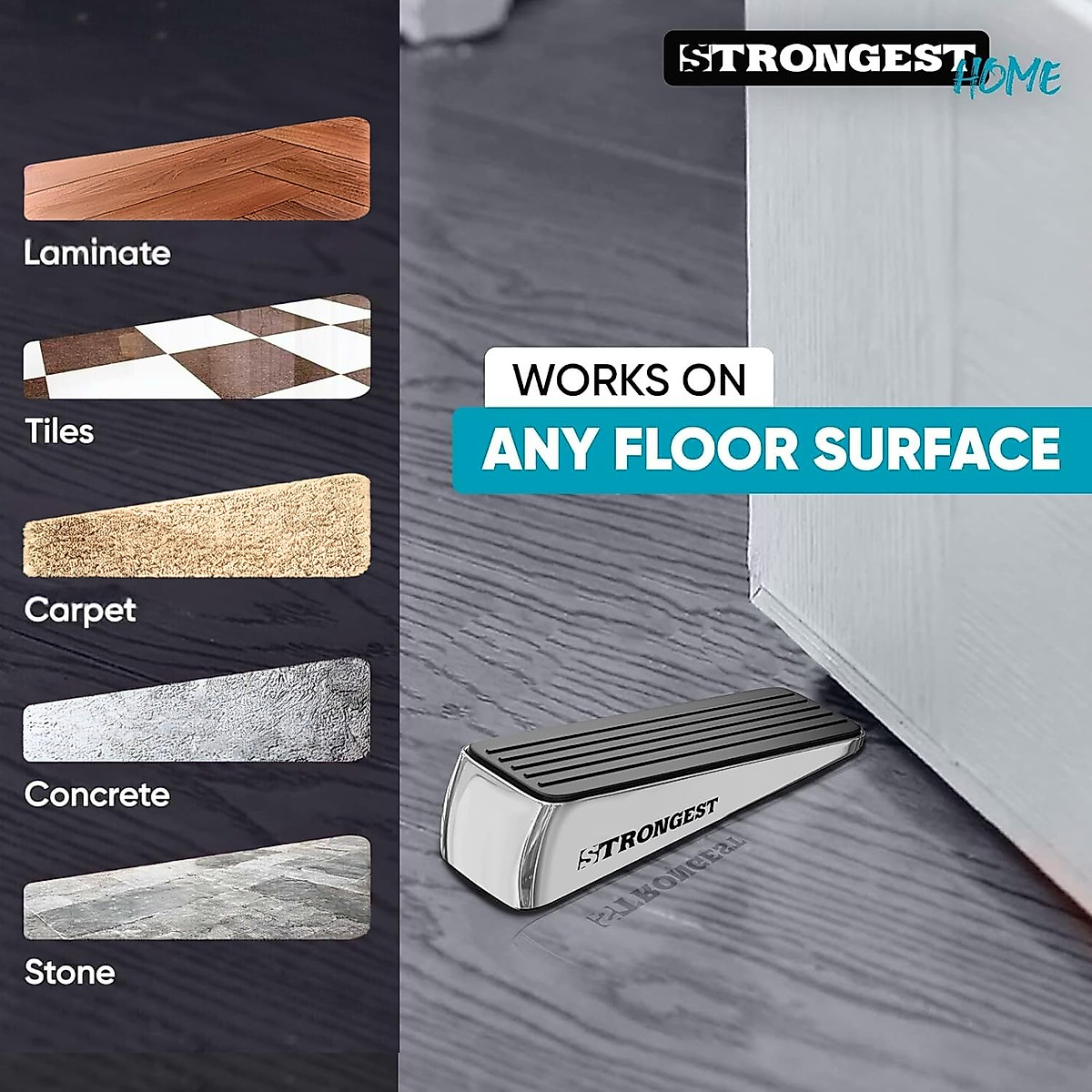 Strongest Door Stopper, Heavy Duty Door Stop Wedge Made of Premium Quality Zinc and Rubber Suits Any Door, Any Floor. Set of 2 Plus Bonus Self Adhesive Wall Protectors