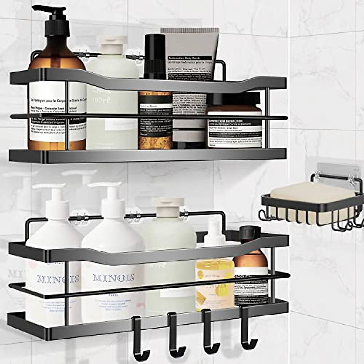 NFSQ Shower Shelves - 3 Pack Bathroom Shower Caddies with Soap Holder and 4Hooks Organizer, Shower Shelf for Inside Shower, Matte Black Shower Racks, No Drilling Rustproof SUS304 Stainless Steel