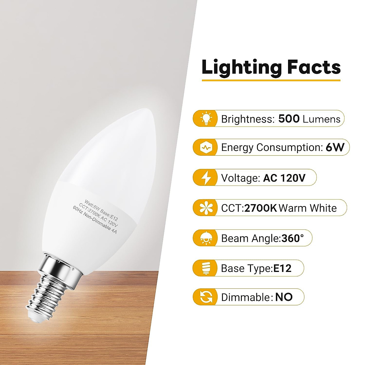 HengBo LED E12 LED Candelabra Bulbs, 60W Equivalent E12 Light Bulbs, C37 Candle Base Chandelier Light Bulbs, Non-Dimmable, Warm White 2700K, Pack of 6