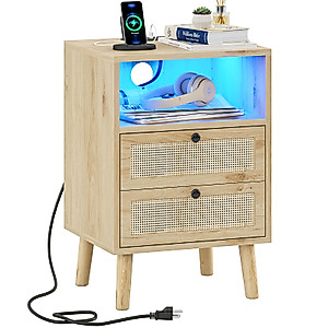 VIAGDO Rattan Nightstand with Charging Station, Led Night Stand with 2 Rattan Drawers, Bedside Tables with Solid Wood Feet, End Side Table with Open Storage Shelf for Bedroom