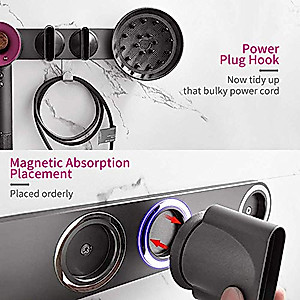 Wall Mount Hair Dryer Holder,Magnet Bracket Stand Holder Storage Rack Organizer Hair Blow Dryer, Power Plug, Diffuser and Nozzle,Aluminum (Gray(Silvery)
