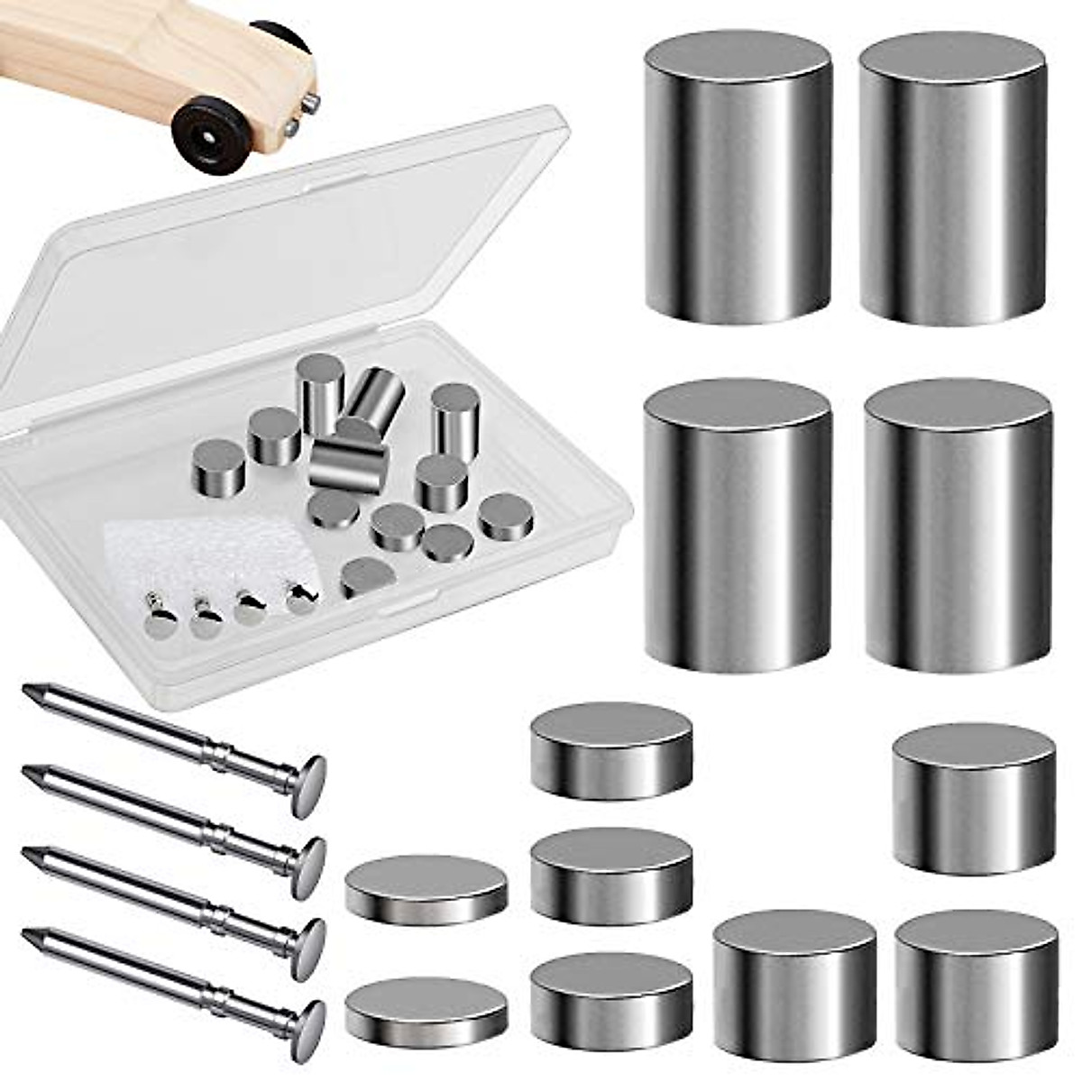 Ruisita 3.25 Ounces Tungsten Cylinders Weights 4 Sizes and Polished Speed Axles Kit 12 Pieces Tungsten Weights 4 Pieces Polished Axles with Plastic Box