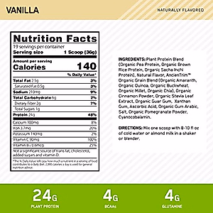 Optimum Nutrition Gold Standard 100% Organic Plant Based Protein Powder, Vitamin C for Immune Support, Vanilla, 1.51 Pound