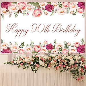 Vlipoeasn Elegant White Happy 90th Birthday Decorations for Women Rose Gold Flower Peony Photography Backdrop for 90th Birthday Party Surprise for Mother Cheers to 90 Years Old Birthday Party Supplies
