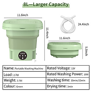 Portable Washing Machine,8L Foldable Mini Washing Machine,FOVXYVO Portable Washer for Underwear,Socks,Baby Clothes,Towels,Pet Items,Apartment,Hotel,RV,Home,Dormitory,Camping,Sickroom,Green