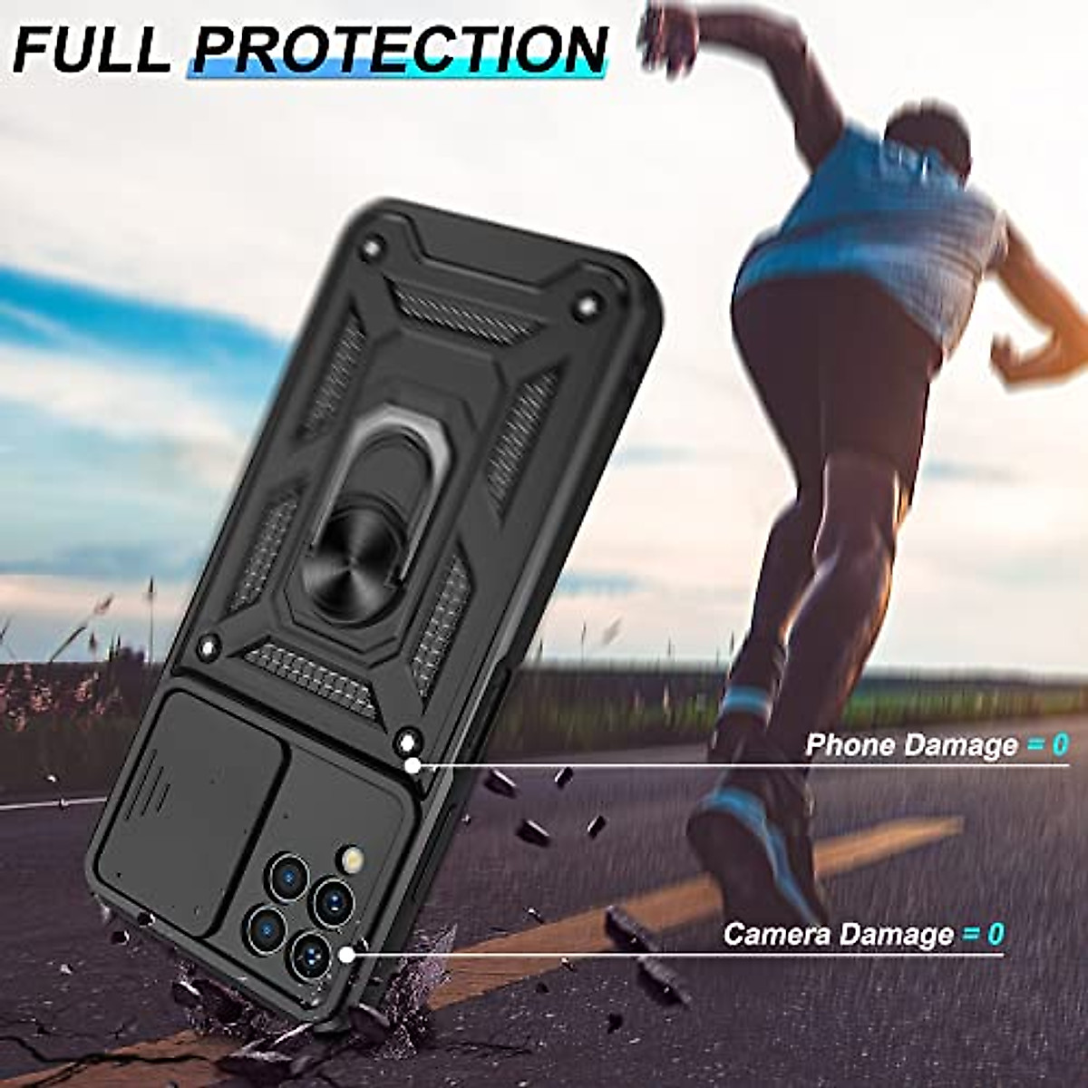 Atump for T-Mobile REVVL 6 Pro 5G Case with HD Screen Protector with Slide Camera Cover, 360° Rotation Ring Kickstand [Military Grade] Protective Case for T-Mobile REVVL 6 Pro 5G，Black