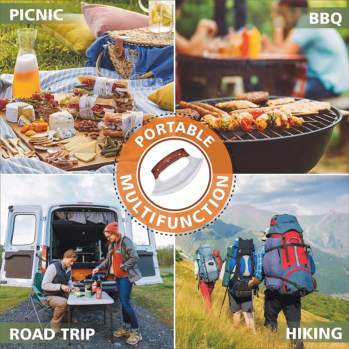 HUNTLUX Stainless Steel Alaskan Ulu Knife With Stand, 6.7" Perfect Pizza Cutter Rocker Knife, Mezzaluna Chopper Knife for Kitchen, Authentic Inuit Eskimo Design, Non-Slip Handle