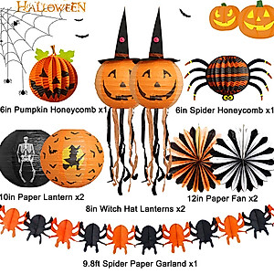Halloween Party Decorations, Black Orange Party Supplies, Hanging Paper Lanterns Pumpkin Honeycomb Tissue Paper Fan Spider Garland Halloween Party for Kids Adults Home Decor Indoor Outdoor