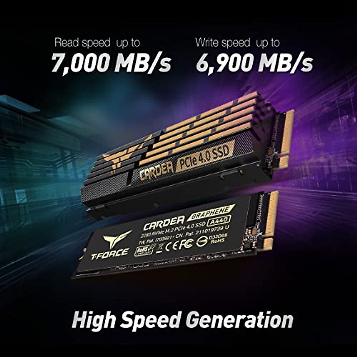 TEAMGROUP T-Force CARDEA A440 Graphene & Aluminum Heatsink 2TB with DRAM SLC Cache 3D NAND TLC NVMe PCIe Gen4 x4 M.2 2280 Internal SSD Works with PS5 Read/Write 7,000/6,900 MB/s TM8FPZ002T0C327