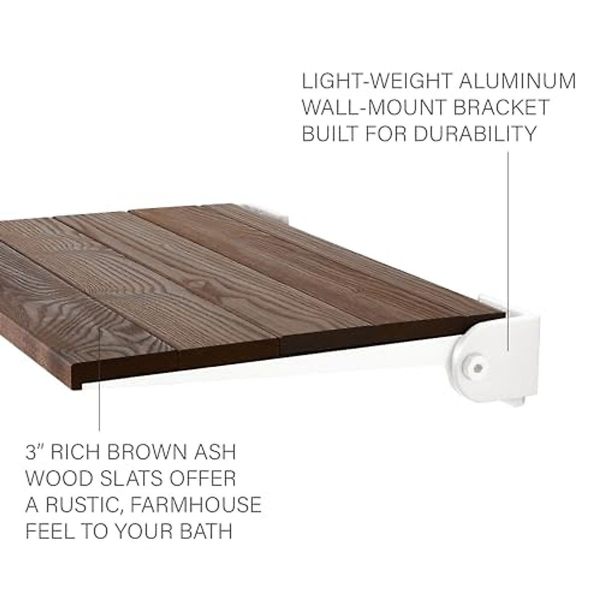 Seachrome 18 inch Silhouette Slimline Folding Wall Mount Shower Bench Seat, Natural Ash Wood Thermacor Seat with White Frame