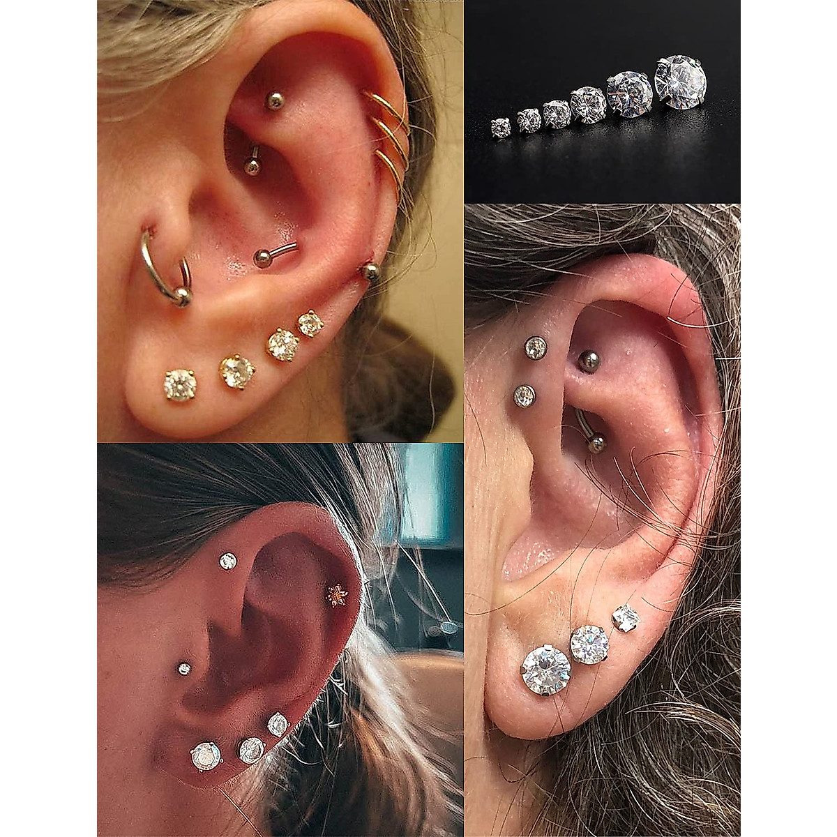 Cisyozi 18G Flat Back Stud Earrings for Women Men 316L Silver Stainless Surgical Steel Diamond Screw Back On Cartilage Helix Tragus Conch Ear Lobe Stud Earrings Set Pack Barbell Piercings Jewelry 6mm