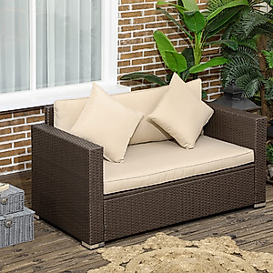 Outsunny Patio Wicker Loveseat with Cushions, 2-Seat Outdoor PE Rattan Couch, Sofa with Throw Pillows for Porch, Backyard, Garden, Poolside, Beige