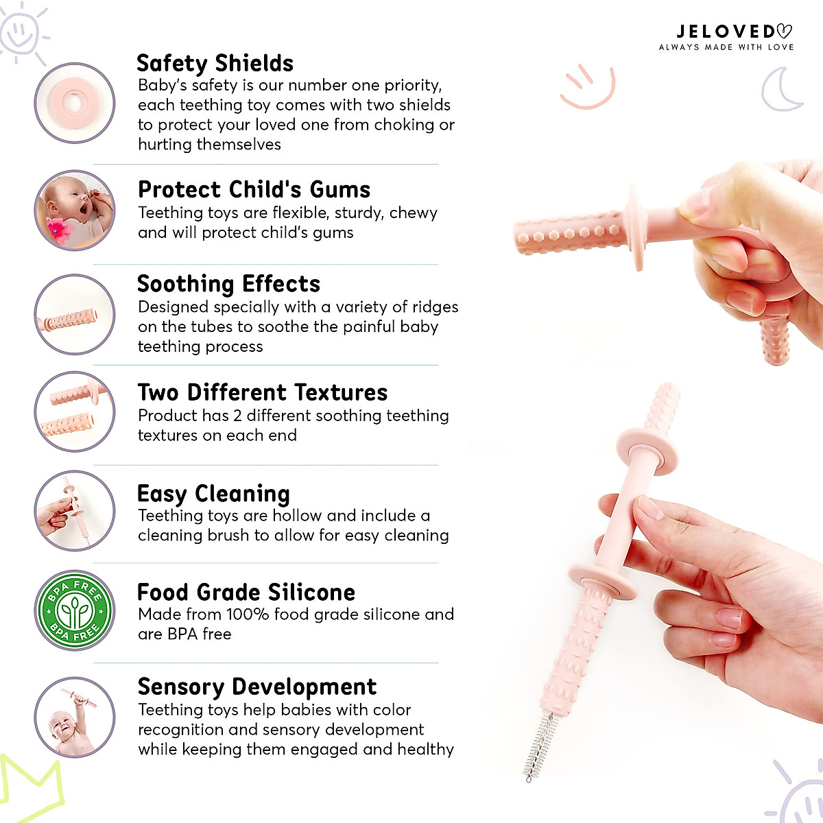Jeloved Hollow Teether Tubes 4 Pack, Soft Silicone Baby Teething Toys for Baby with Safety Shield, Chew Straws Toy for Babies, Teether Tubes for Infants, BPA Free/Freezable/Dishwasher Safe