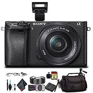 Sony Alpha a6300 Mirrorless Camera with 16-50mm Lens Black ILCE6300L/B with Soft Bag, Lens Filters, Tripod, Additional Battery, 64GB Memory Card, Card Reader, Plus Essential Accessories
