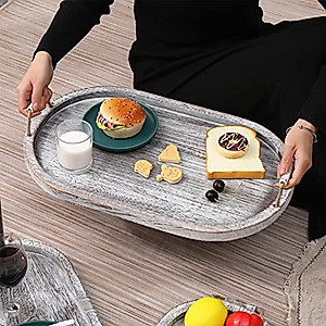 Decorative Tray Rustic Serving Trays Decorative Ottoman Wood Decor Kitchen Counter Decor Serving Tray with Handles,Nested Oval Whitewashed Farmhouse Platters(Set of 3 Pcs)