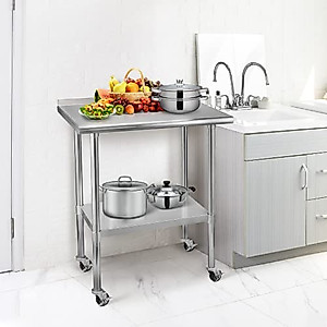 HOCCOT Stainless Steel Prep & Work Table with Adjustable Shelf, with Backsplash and Wheels, Kitchen Island, Commercial Workstations, Utility Table in Kitchen Garage Laundry Room Outdoor BBQ, 24" X 30"