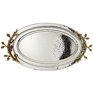 Elegance Golden Vine Hammered Stainless Steel Oval Tray, 16.5 by 10-Inch, Silver/Gold