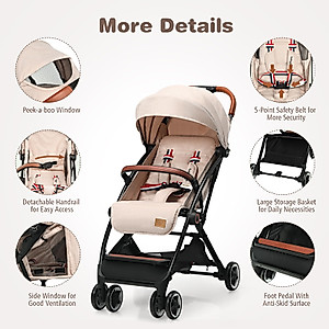 BABY JOY Lightweight Baby Stroller, Compact Toddler Travel Stroller for Airplane, Infant Stroller w/ 5-Point Harness, Adjustable Backrest/Footrest/Canopy, Storage Basket, Easy One-Hand Fold, Beige