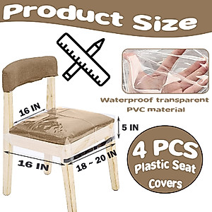 4 Pack Plastic Seat Covers, Plastic Chair Covers for Dining Room Chairs, Stain, Water and Kitty Scratch Resistant Clear Pvc Chair Protector with Adjustable Strap for Most 18" - 20" Standard Chair