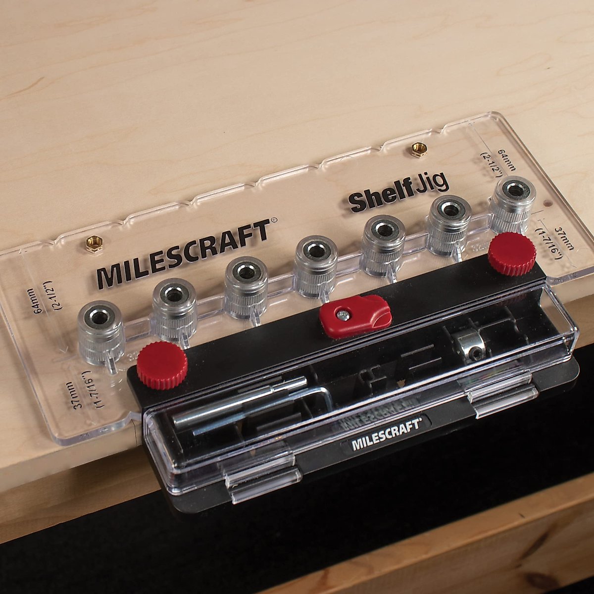Milescraft 1343 Shelf Jig – Create ¼ in. and 5mm Shelf Pin Holes for Cabinets. Standard 32mm Spacing. Shelf Pin Jig includes Two Drill Bits