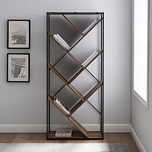 Walker Edison Modern V-Shaped Open Shelf Metal Wood Bookcase Tall Bookshelf Storage Home Office, 68 Inch, Rustic Oak