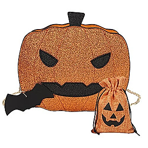 YYSS Halloween Pumpkin Crossbody Bags Women Novelty Devil Shoulder Chain Purse Bat ornament Fashion PU Trick or Treat Shoulder Handbag Creative Cute bag with Drawstring Candy Bag (Gold)
