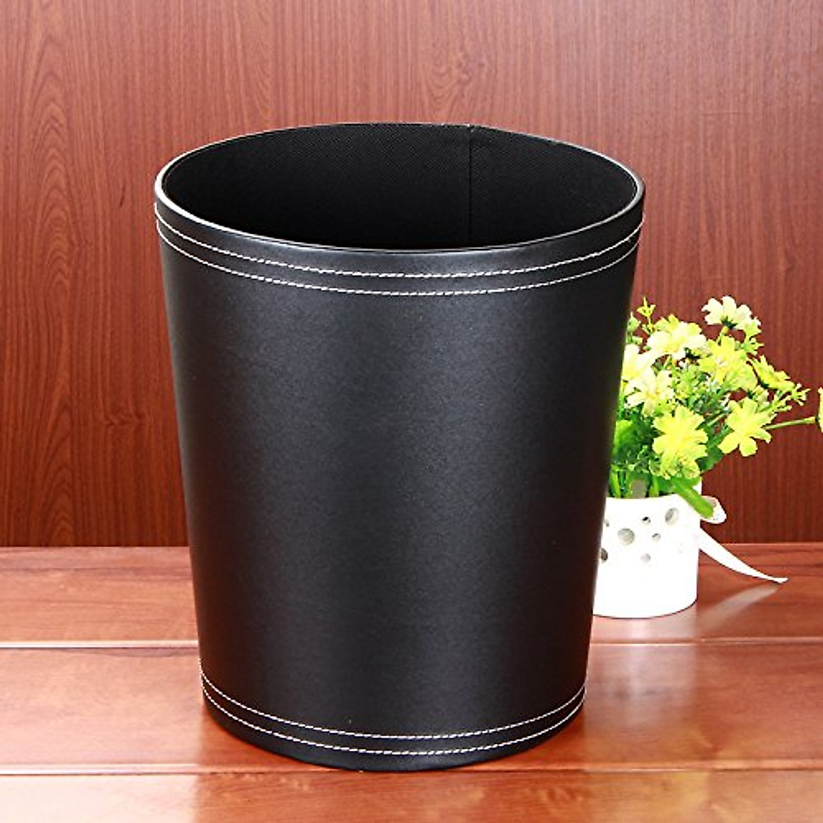 PU Leather Trash Cans Waste Paper Basket,2.6 Gallon Classic Garbage Bin Without lid for Living Room,Kitchen,Office,Hotel (Black)