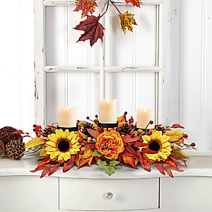 Fall Centerpiece Table Decorations, 27.5'' L Assorted Artificial Peony, Sunflowers, Berries, Autumn Leaves, Pine Cones, Harvest Table Candle Holder for Dinning Table, Fireplace (Candle Not Included)