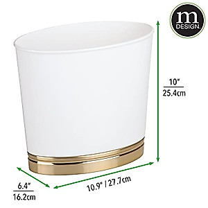 mDesign Oval Slim Decorative Trash Can with Accenting Base, Wastebasket for Bathroom, Bedroom Holds Garbage, Waste, Paper, Recyclables - Hyde Collection - White/Soft Brass