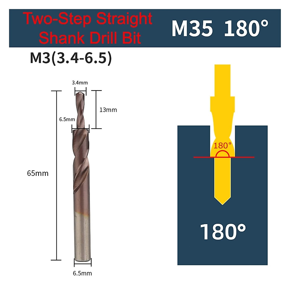 M35 HSS-CO Cobalt Two Stage Step Drill Bit Screw Counterbore Twist Countersink Drill for Stainless Drilling and Chamfering (M3 180)