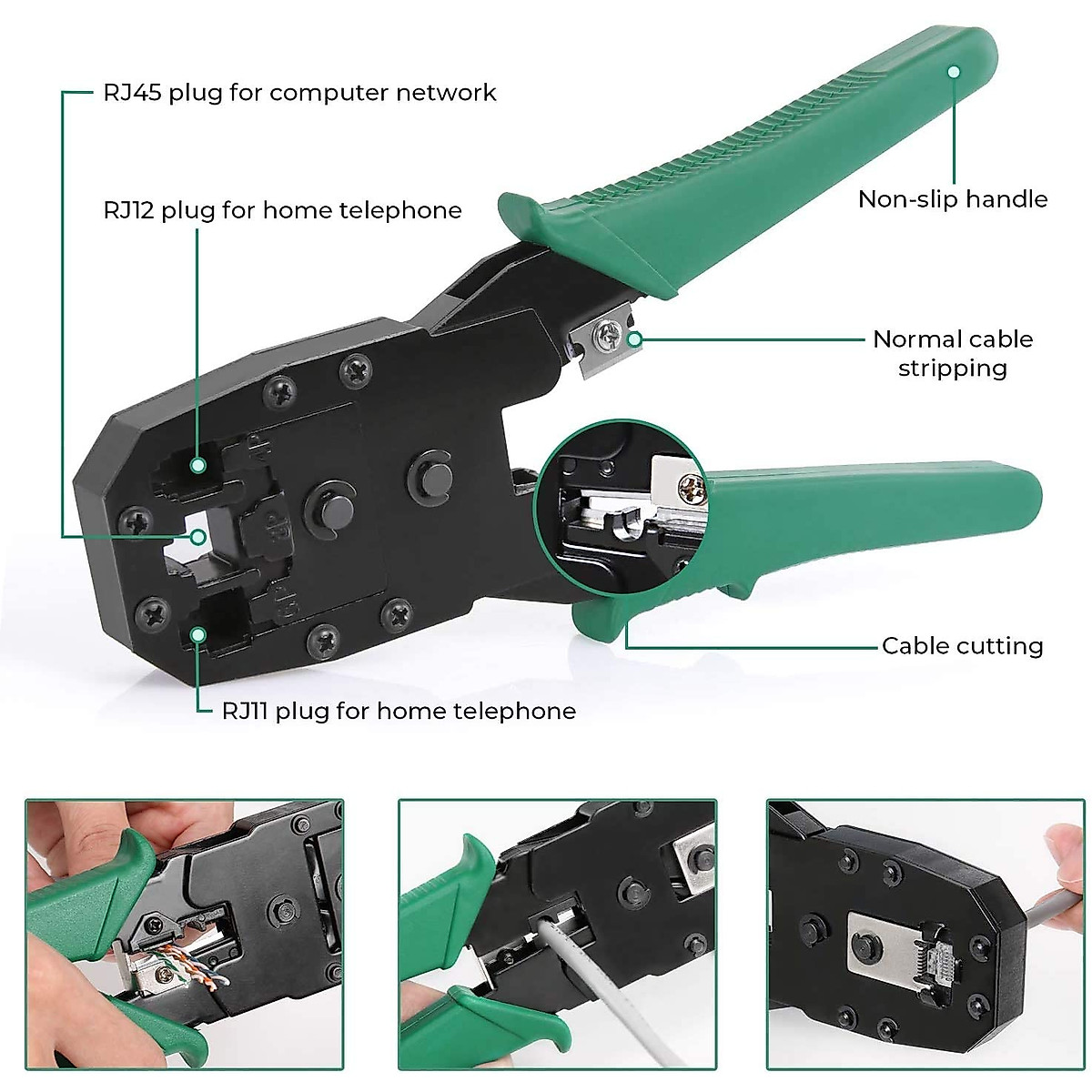 SGILE 9-in-1 Portable Crimping Tool Kit, 8P8C 6P6C 4P4C Connectors, RJ11/RJ12/RJ45 Cat5 Cat5e Network/Phone Cable Tester, Black