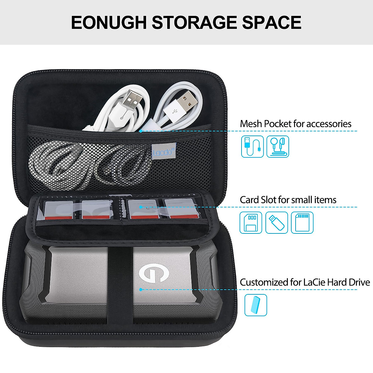 Lacdo Hard Drive Carrying Case for SanDisk Professional G-Drive ArmorATD – Rugged Portable External Hard Drive HDD USB-C USB 3.2 Gen 1 1TB 2TB 4TB 5TB 6TB Shockproof Protective Travel Bag, Black