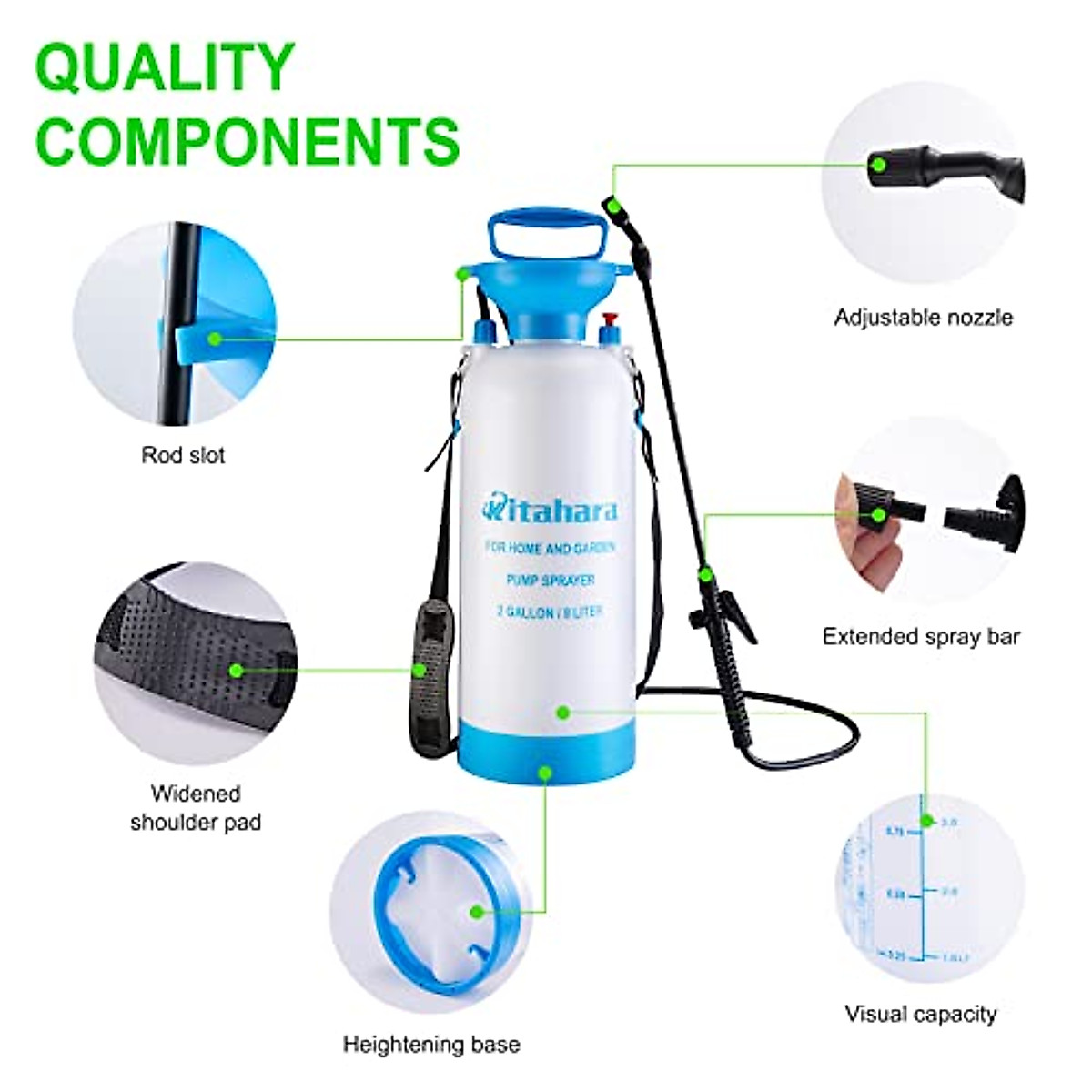 Kitahara 2 Gallon Garden Pump Pressure Sprayer with Pressure Relief Valve, Adjustable Shoulder Strap and Nozzles, for Yard Lawn Weeds Plant Water
