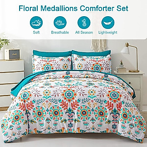 DHSFKBE Boho Comforter Set Twin - 5 Pieces Bed in a Bag Floral Medallions Design, Bohemian Comforter Set with Sheets, Soft Microfiber Complete Bedding Sets All Season (Teal Blue, Twin)