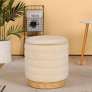 NEWIMAGE Round Ottoman Storage Box Dutch Velvet Pouffe Footstool 15.5'' Padded Stool Seat with Wooden Base, Footrest Vanity Stool with Lids for Bedroom Living Room Balcony Snack(Cream Horizontal Line)