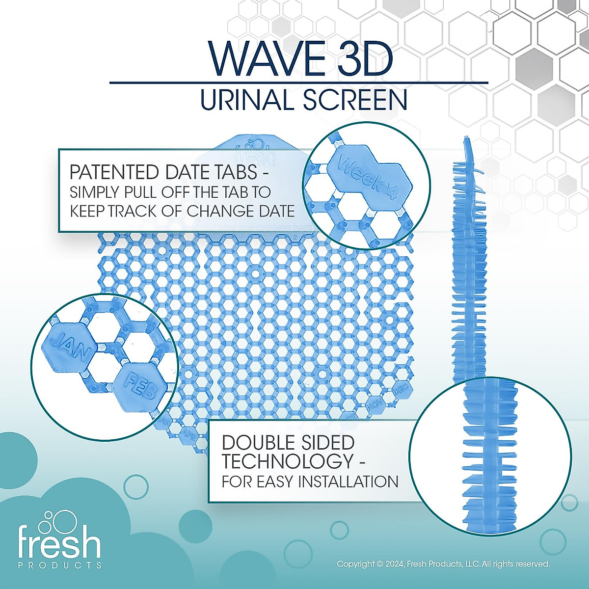 Fresh Products Wave 3D, Virtually eliminates urine splash, 30-Day Use, Easy Installation, Beneficial Bacteria, Consistent Fragrance — Cotton Blossom, Blue, Made In USA, 10pk Urinal Screens