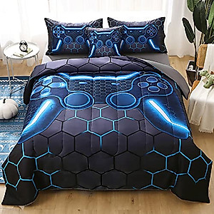 JQinHome Full Gamer Comforter Set,6 Piece Bed in A Bag 3D Video Game Bedding -All Season Down Alternative Gamer Bedding Sets - (Blue Game Controller)