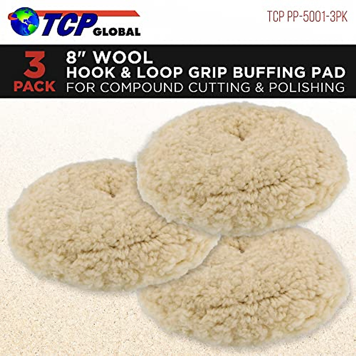 TCP Global -(Pack of 3) - 8" 100% Wool Hook & Loop Grip Buffing Pad for Compound Cutting & Polishing for Automotive, Marine and Epoxies