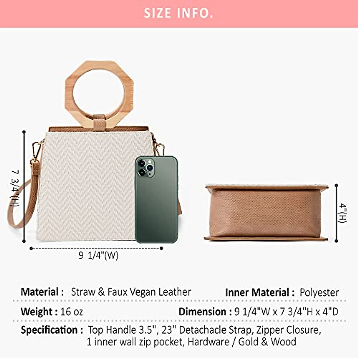 Like Dreams Women Straw Woven Vegan Leather Satchel Bag Wooden Top Handle Fashion Crossbody Purse (Cream)