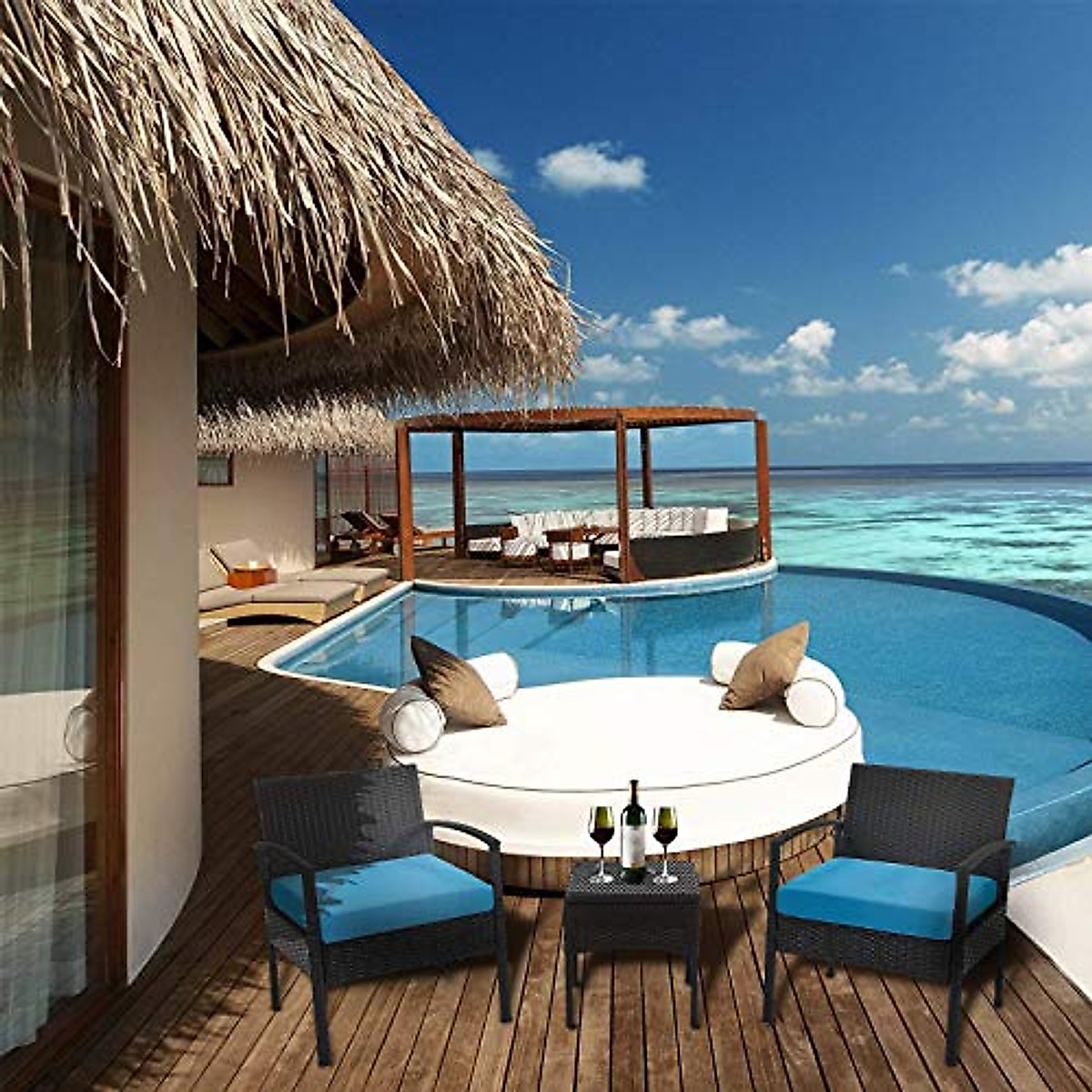 HOMEZILLIONS Outdoor Furniture 3 Piece Patio Set Balcony Furniture Outdoor Bistro Set Wicker Chair for Balcony Backyard Porch with Table and Cushions Blue