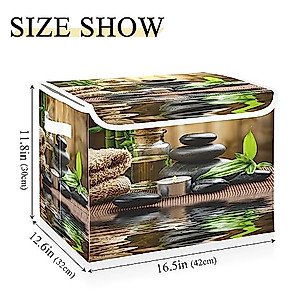 Flradish Zen Basalt Stones on Wood Large Oxford Cloth Foldable Storage with Lid and Handles Toys Clothes Storage Basket for Home Bedroom Closet Office