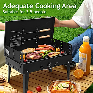 Outvita Portable Charcoal Grill, Outdoor Foldable BBQ Grill with Barbecue Accessories & Lid for Cooking Camping Picnic Hiking Beach Party Patio Smokers, Height Adjustable for 3 to 5 People