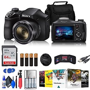 Sony Cyber-Shot DSC-H300 Digital Camera (Black) (DSCH300/B) + 64GB Memory Card + Card Reader + Corel Photo Software + Case + Flex Tripod + 4xAA Batteries + Memory Wallet + Cleaning Kit (Renewed)