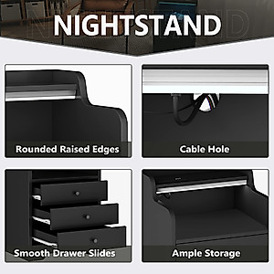 Gdvsclr Nightstand with Charging Station, Nightstand with LED Lights, 3 Drawers Bedside Table for Bedroom/Dormitory, Led Nightstand with Open Storage Shelf, 3 USB Ports & 2 Outlets, Black