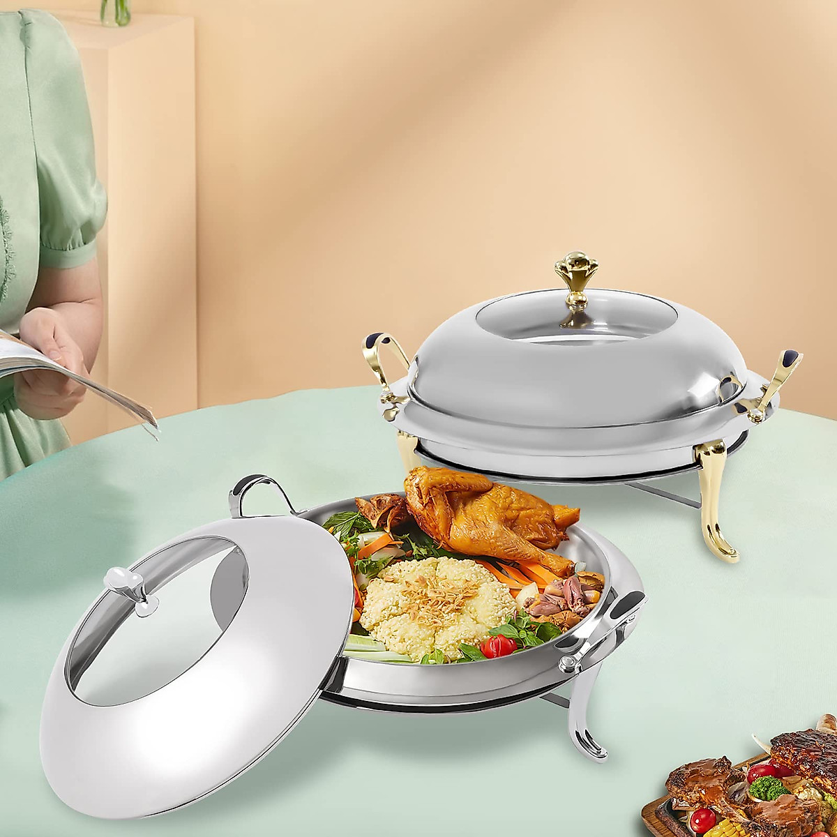 Stainless Steel Flat-Bottomed Chafing Dish, Round Durable Buffet Warmer Tray Durable Frame with Lid and Chafing Fuel Holder for Kitchen Party Dining Buffet-Without Water Pan (Gold-14.96in)