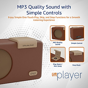SMPL Music Player with Lifter for Seniors - Audiobooks + MP3 Player Sound, Durable Wooden Enclosure, Retro Look, 4GB USB with 40 Nostalgic Hits - Live Support (Brown)
