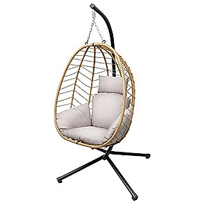 VARVIND Hammock Chair,Swing Egg Chiar with Stand and Cushions, Pillow, Foldable Wicker Rattan Hanging Egg Chair,Adjustable Height ,Anti-UV&Waterproof, Indoor and Outdoor Use,286Lbs(Beige)