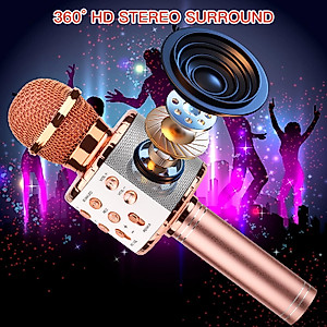 ShinePick Karaoke Microphone, 4 in 1 Wireless Microphone with LED Lights Handheld Portable Karaoke Machine, Home KTV Player, Compatible with Android & iOS Devices(Pink)