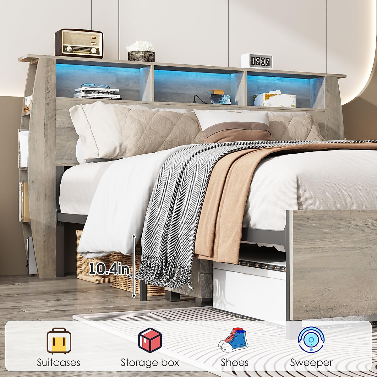 Fameill Full Size Wood Bed Frame with Bookcase Headboard, 2-Tier Storage Headboard with Charging Station & LED Light, Side Storage Layer, No Box Spring Needed, Noise Free, Gray